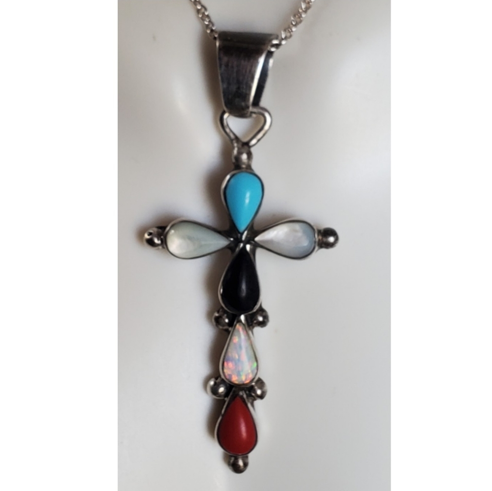 Genuine Navajo Multi-Gem Cross Pendant Necklace - Gem